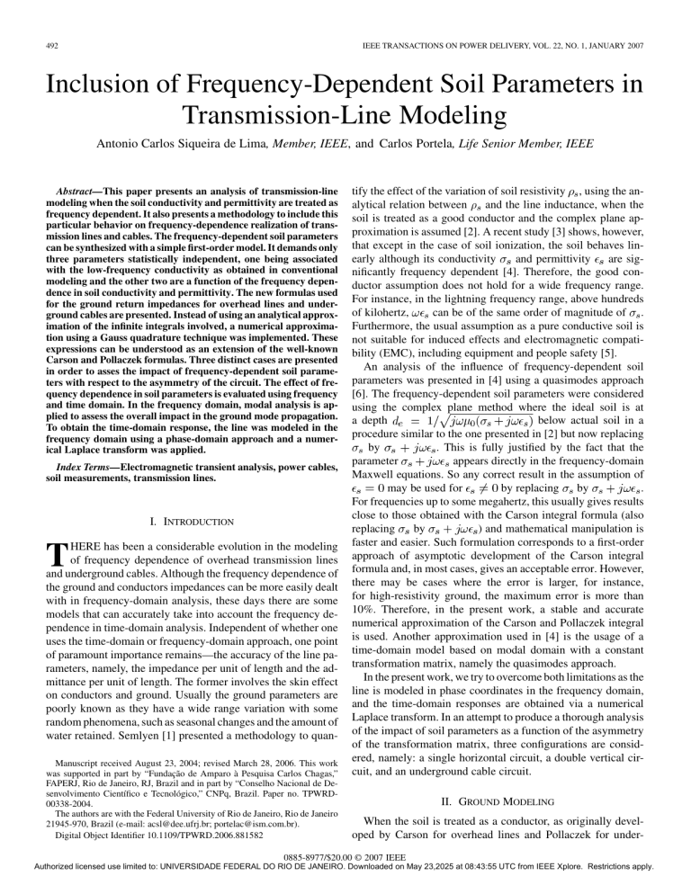 Frequency-Dependent Soil Parameters in Transmission Lines