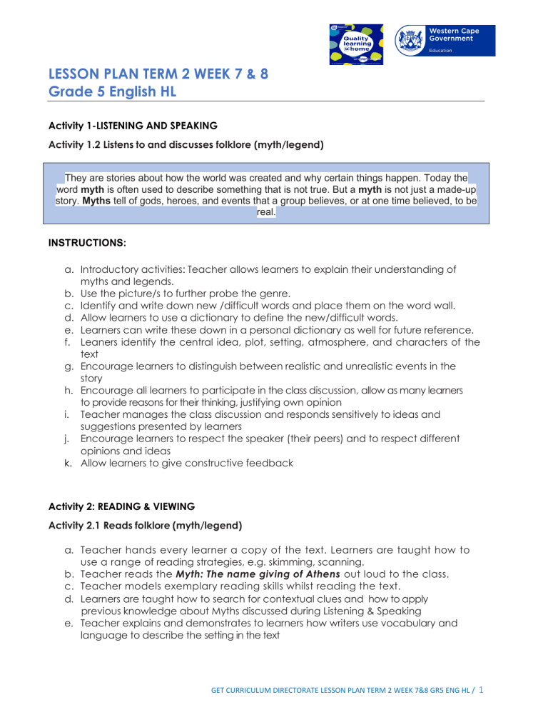 Grade 5 English HL Lesson Plan: Folklore (Myths & Legends)