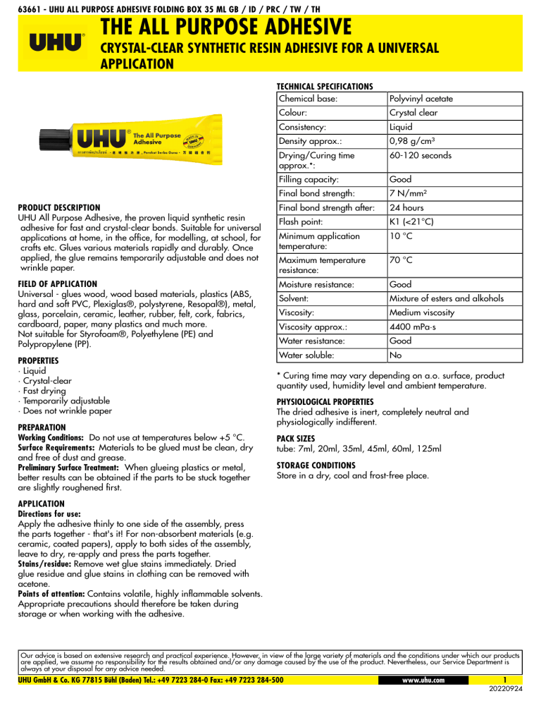 UHU All Purpose Adhesive Technical Data Sheet