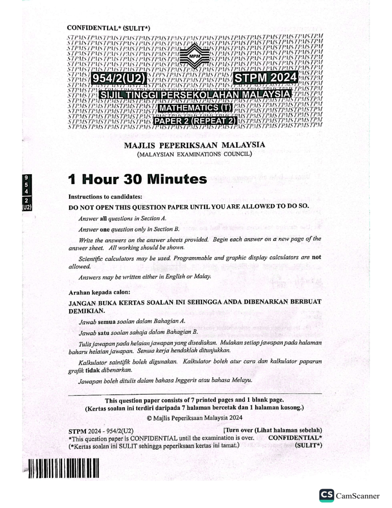 STPM Mathematics (T) Paper 2 Exam Paper