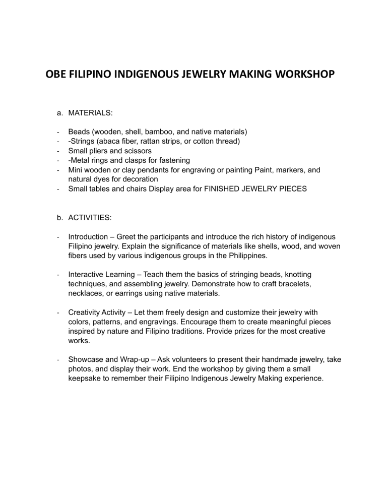 Filipino Indigenous Jewelry Making Workshop Guide