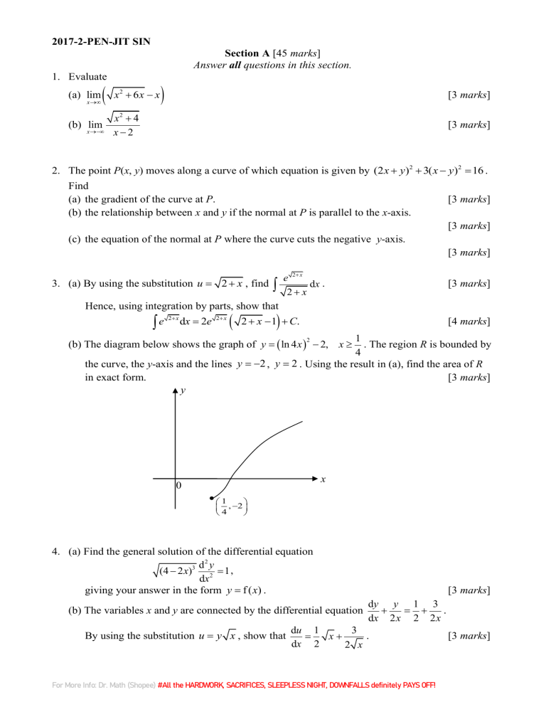 Mathematics Exam Paper: Limits, Calculus, Differential Equations