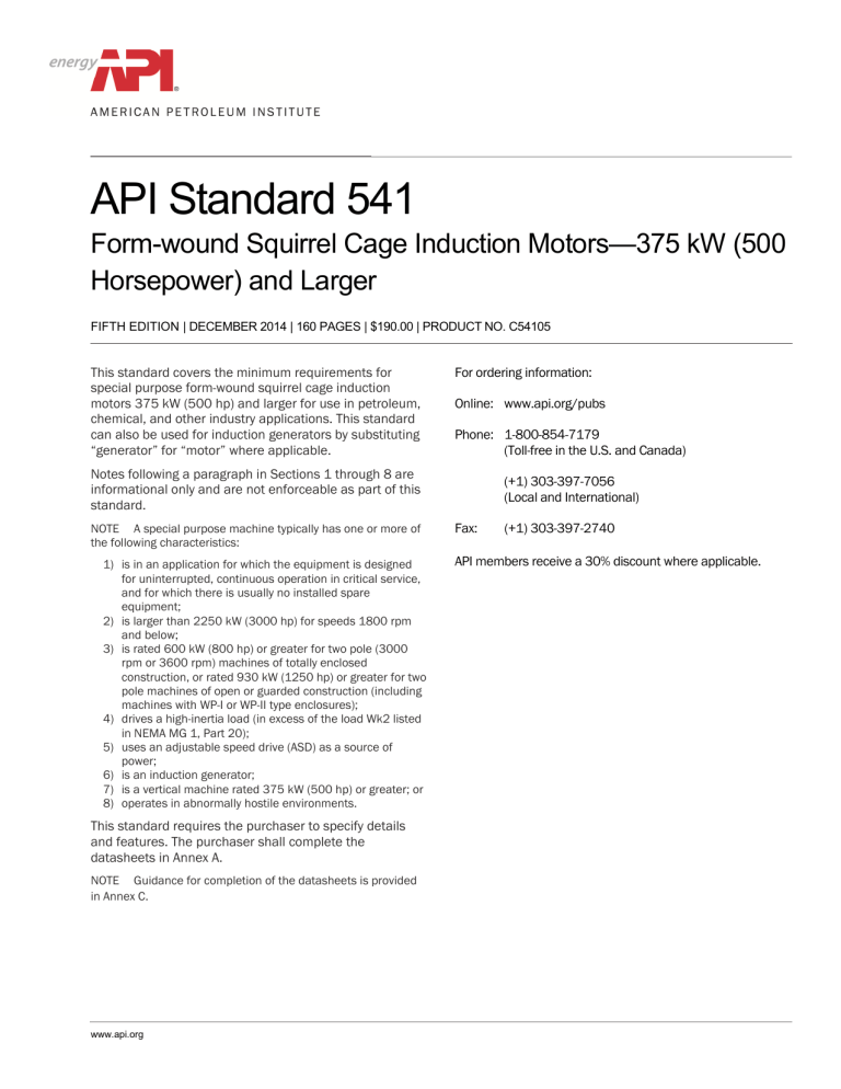 API Standard 541: Induction Motors - 375 kW & Larger