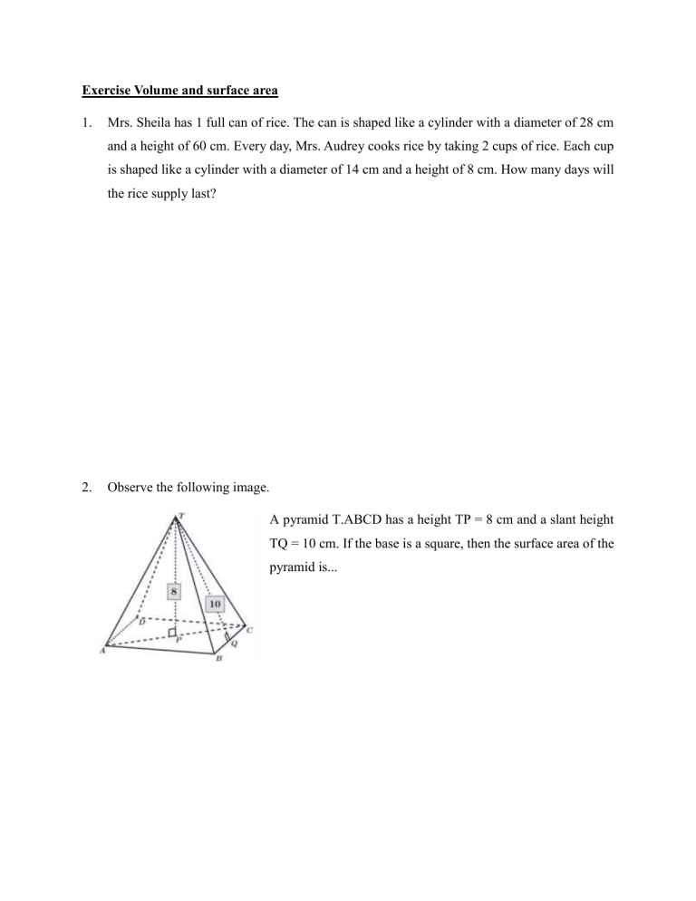 Volume and Surface Area Exercise Sheet