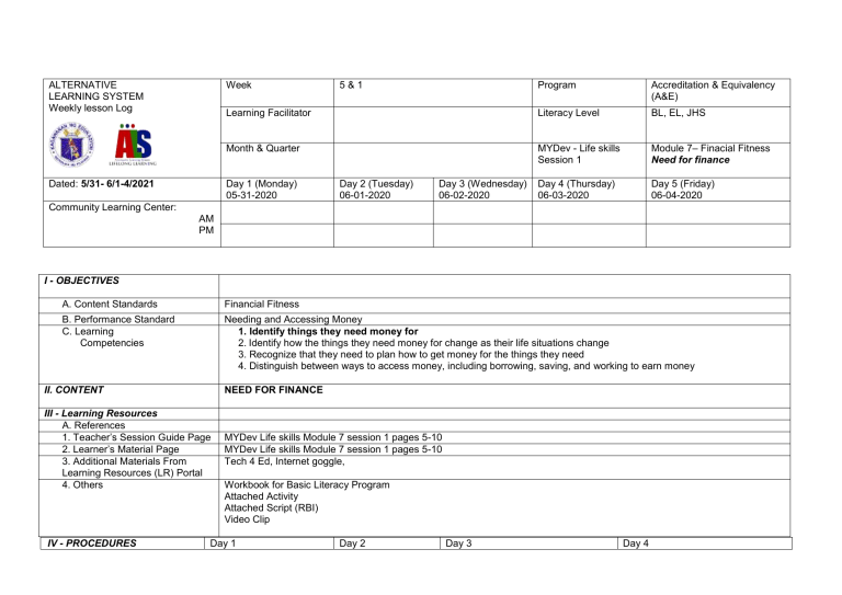 ALS Weekly Lesson Log: Financial Fitness