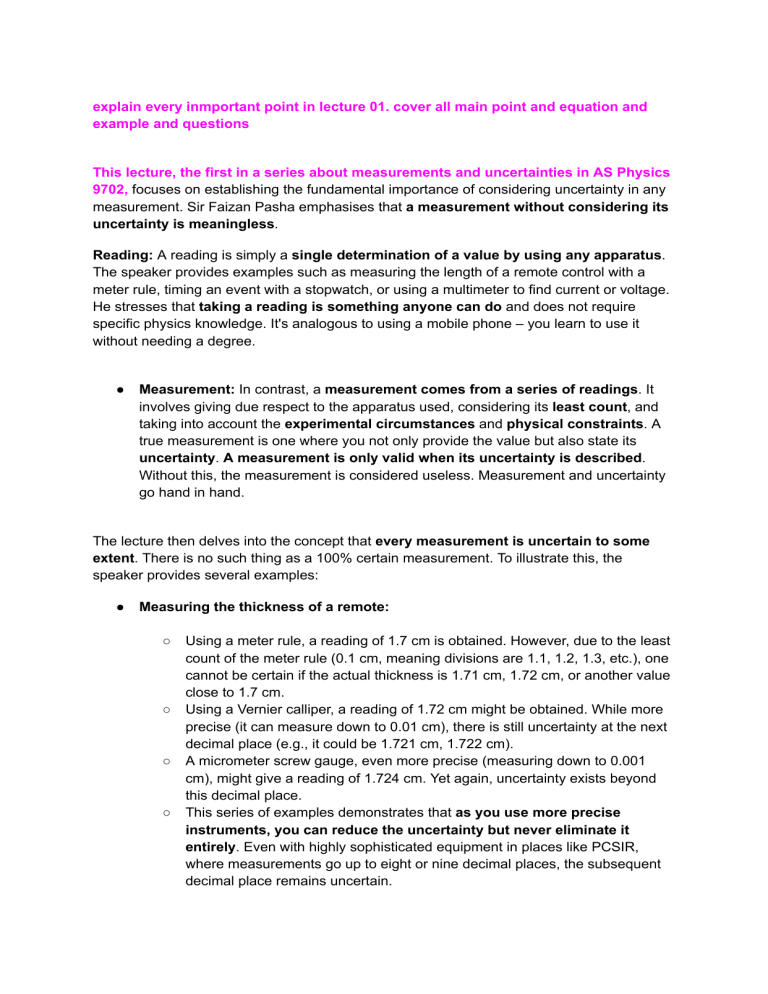 AS Physics: Measurements & Uncertainties Lecture Notes