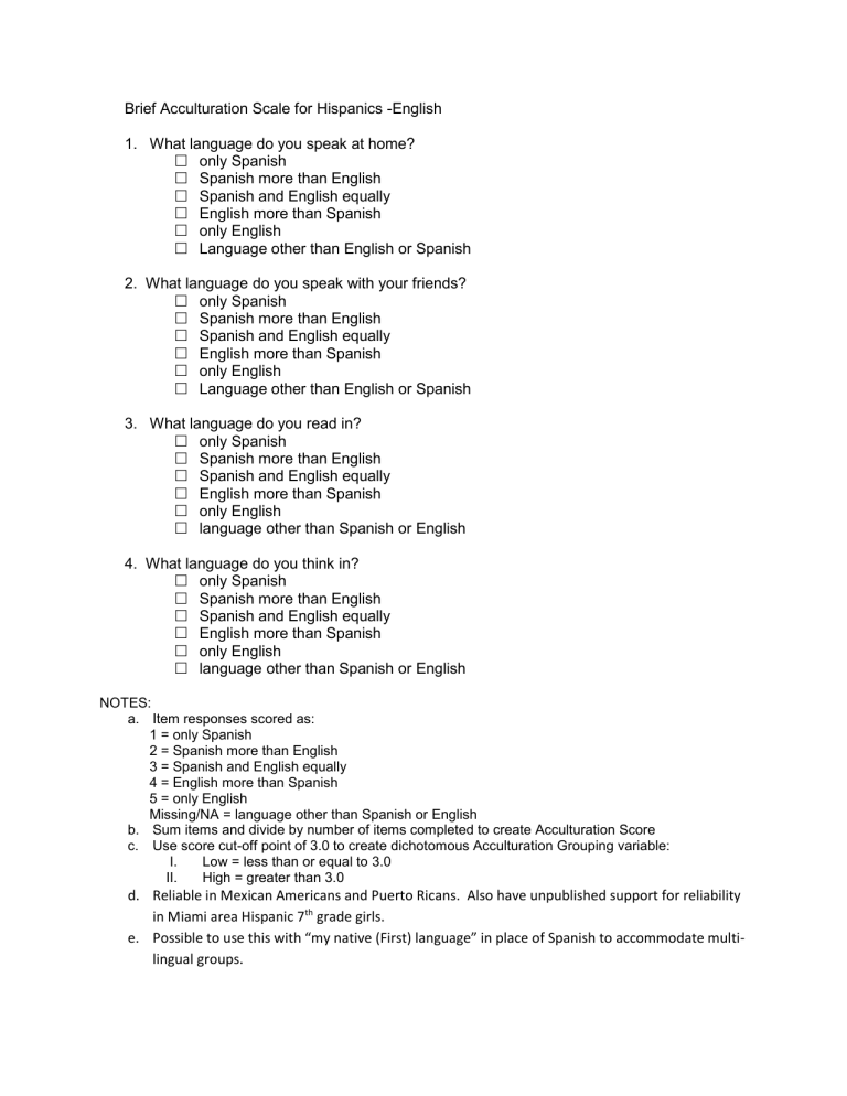 Brief Acculturation Scale for Hispanics - English