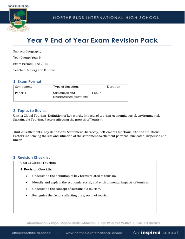 Year 9 Geography Exam Revision Pack: Tourism & Settlements