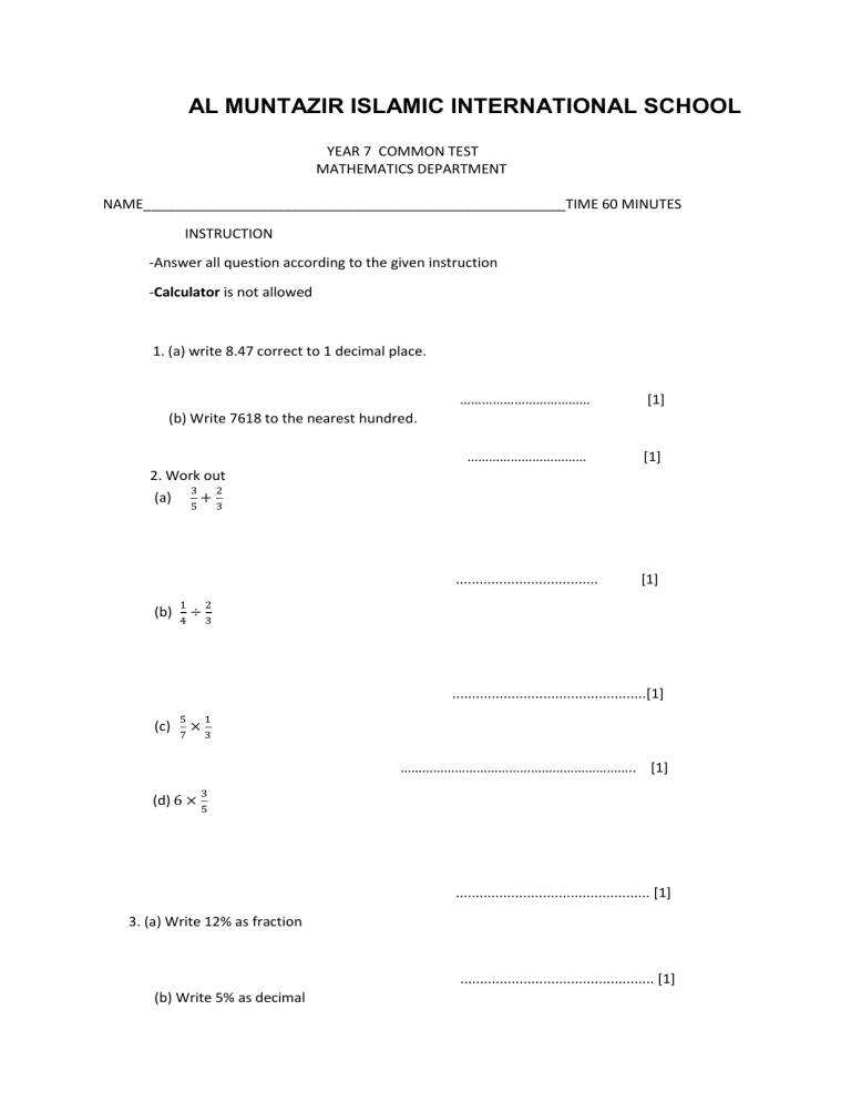Year 7 Math Test: Decimals, Fractions, Ratios, Algebra