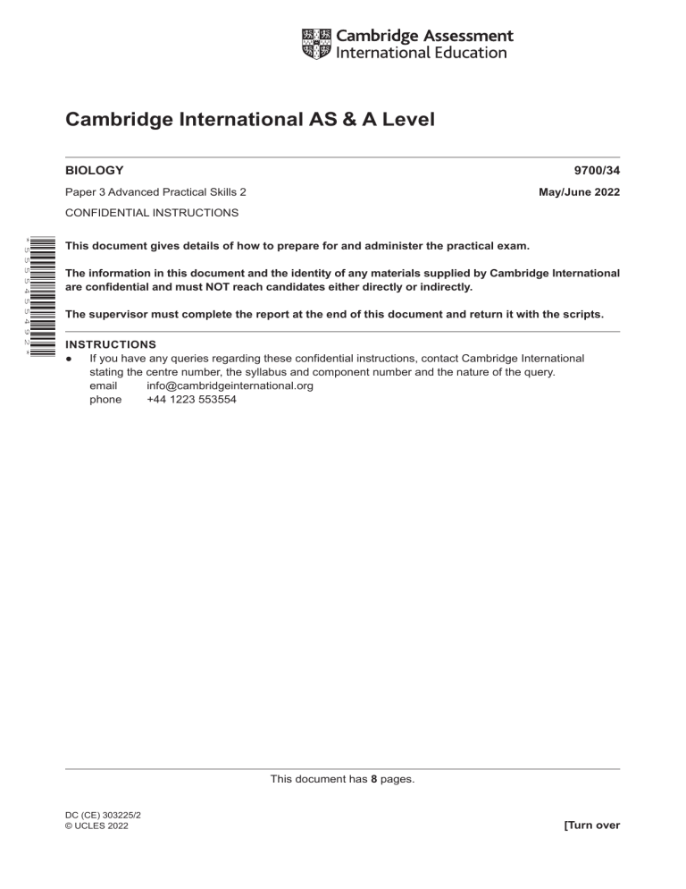 Biology Practical Exam Instructions - Cambridge A Level