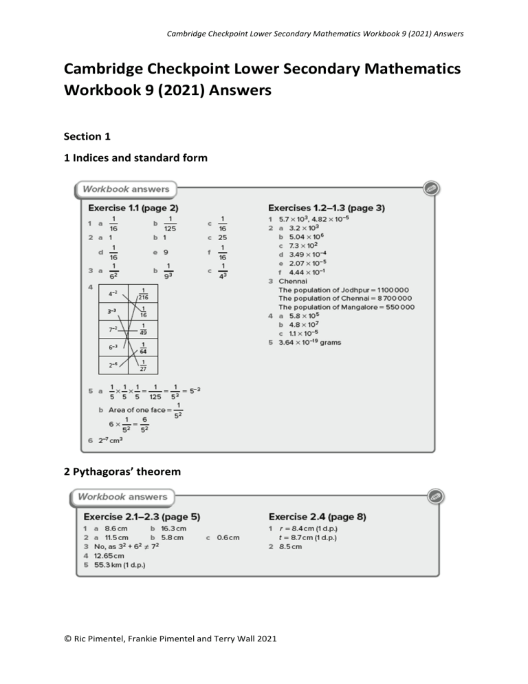 Cambridge Checkpoint Math Workbook 9 (2021) Answers