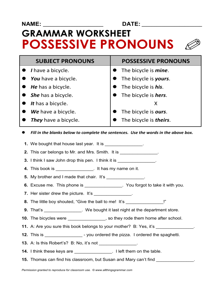Possessive Pronouns Grammar Worksheet