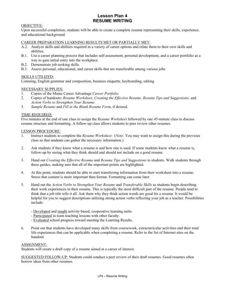 Resume Writing Lesson Plan for Students
