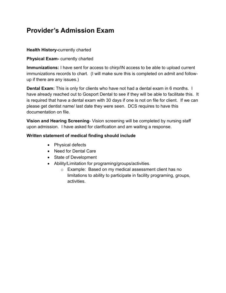 Provider Admission Exam Checklist | Medical Assessment