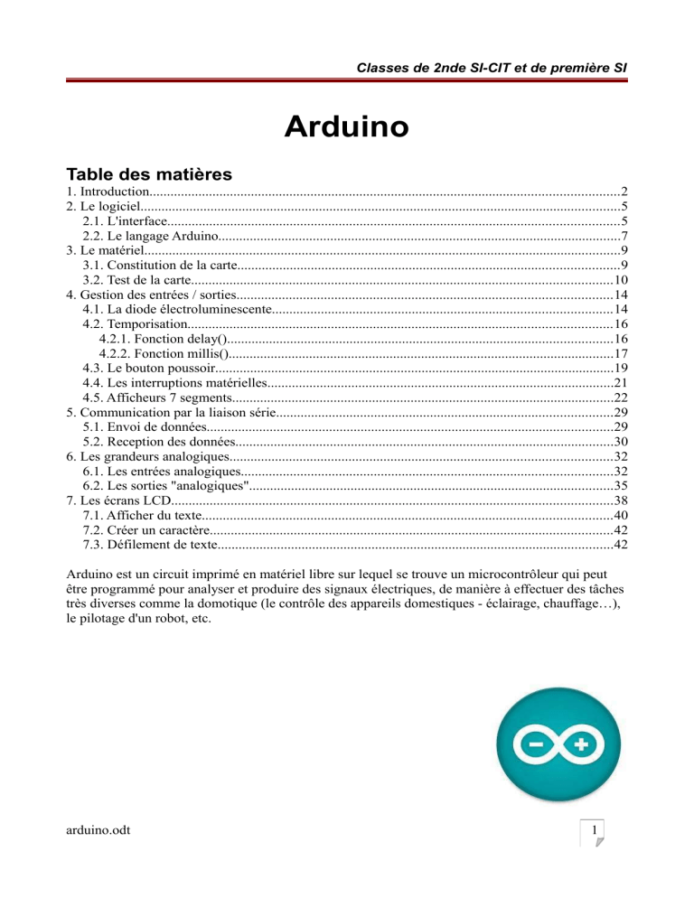 Cours Arduino : Classes SI-CIT & SI - Logiciel, Matériel, E/S
