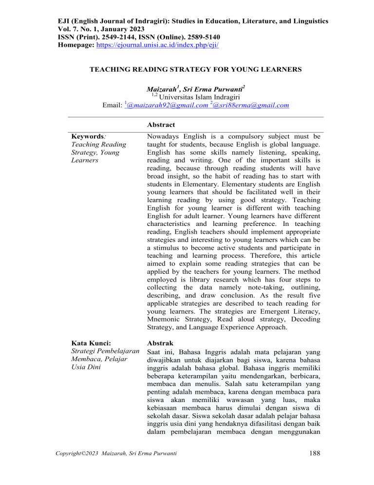 Teaching Reading Strategies for Young Learners