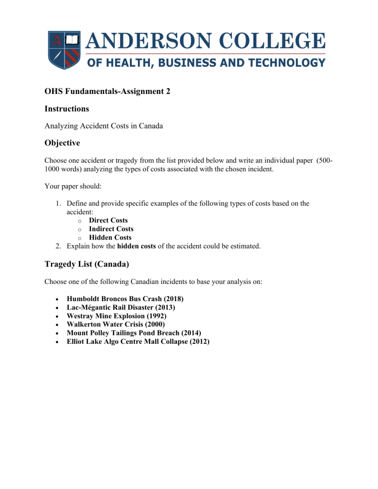 OHS Accident Cost Analysis Assignment Instructions