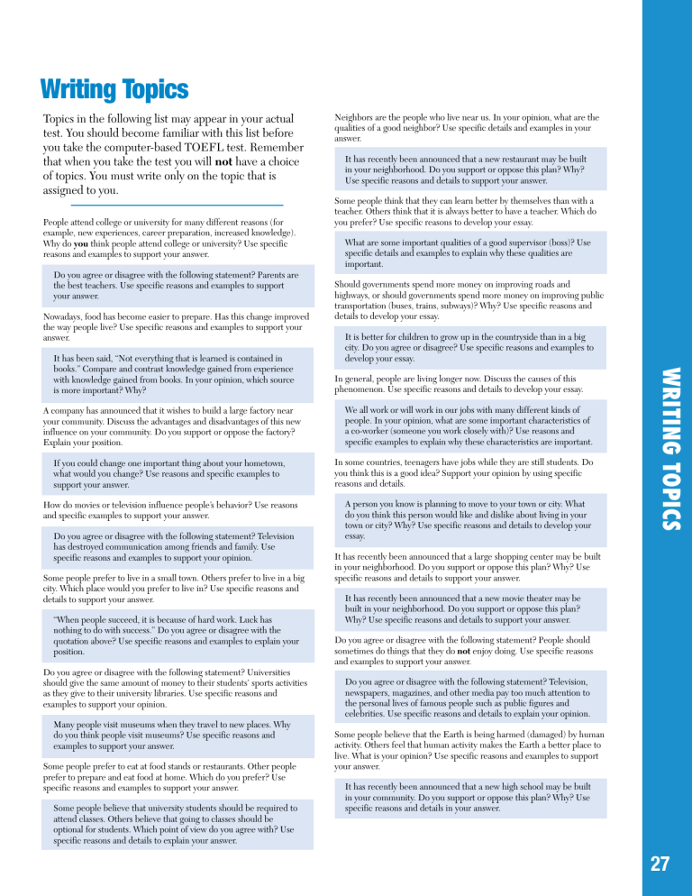 TOEFL Writing Topics: Practice Essay Prompts