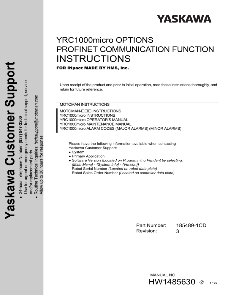 YRC1000micro PROFINET Communication Instructions