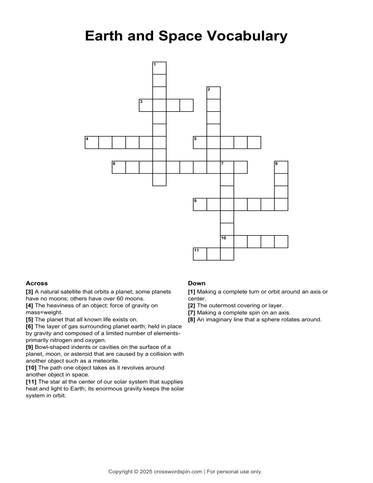Earth and Space Vocabulary Crossword Puzzle