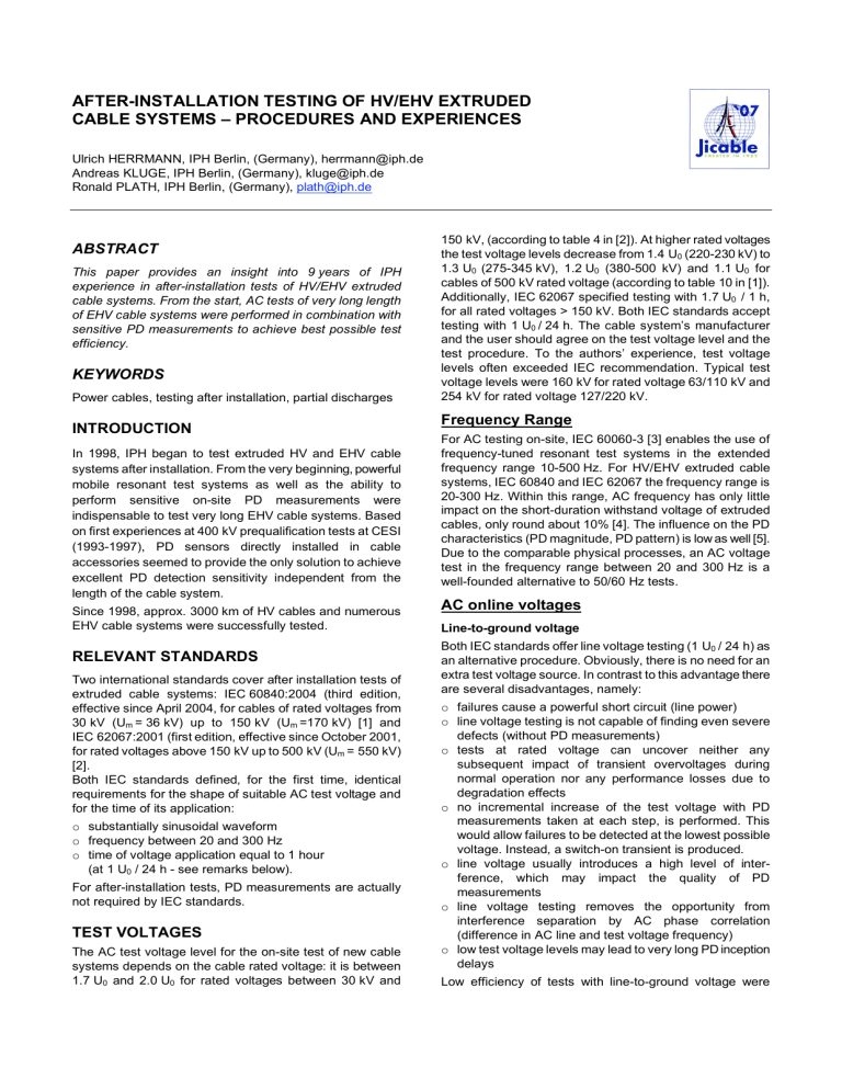 HV/EHV Cable System Testing: Procedures & Experiences