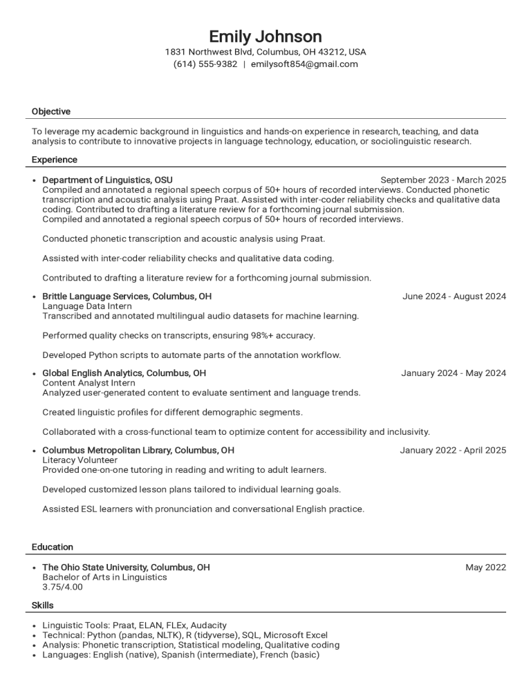 Emily Johnson - Linguistics Resume