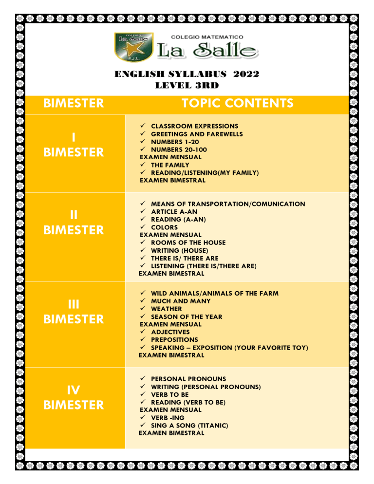English Syllabus: Levels 3rd, 4th, 5th, 6th - Curriculum Overview