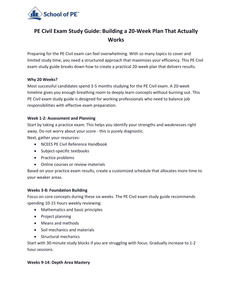 PE Civil Exam Study Guide: 20-Week Plan for Success