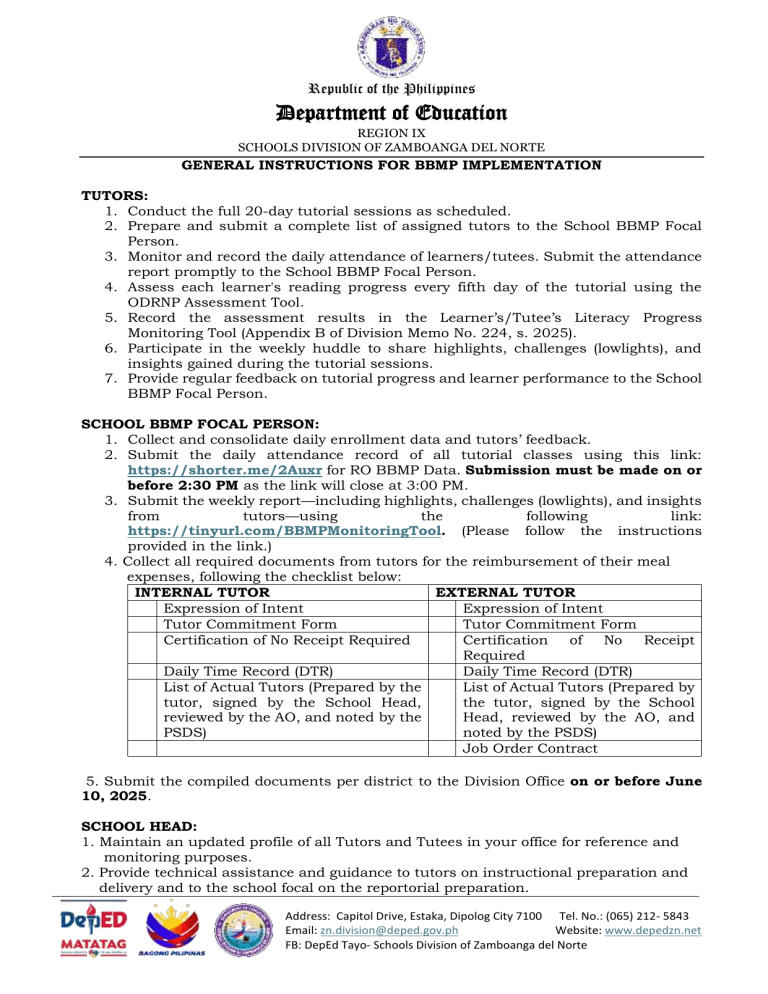DepEd Zamboanga del Norte: BBMP Implementation General Instructions