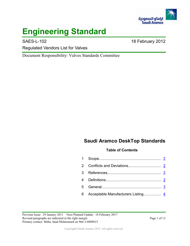SAES-L-102: Regulated Vendors List for Valves