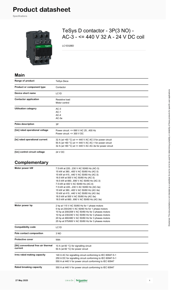 TeSys D LC1D32BD Contactor Datasheet