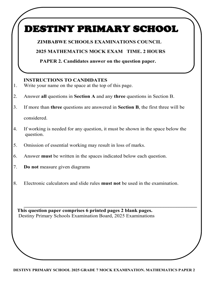 Grade 7 Math Mock Exam - Destiny Primary School