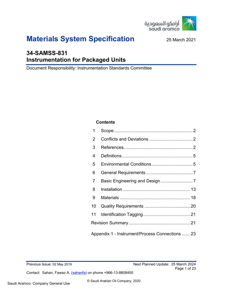 Instrumentation for Packaged Units Specification
