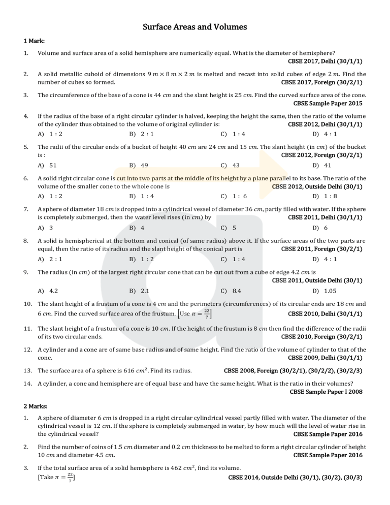Surface Areas & Volumes Exam Questions - CBSE