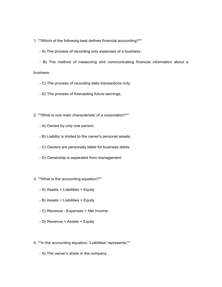 Accounting Exam Questions: Financial Accounting Principles