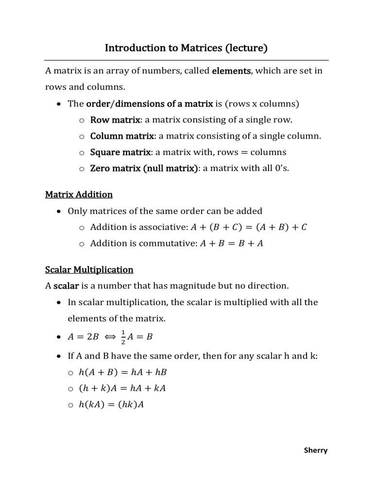 Introduction to Matrices: Lecture & Worksheet