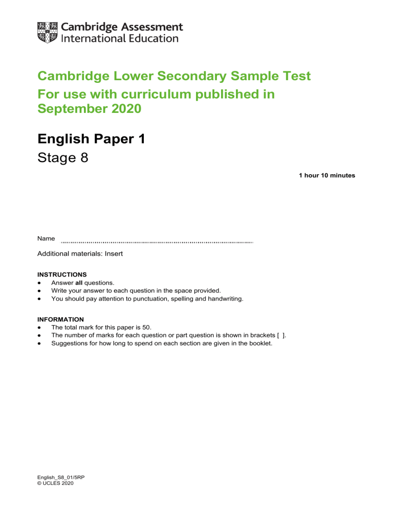 Stage 8 English Sample Test - Reading & Writing