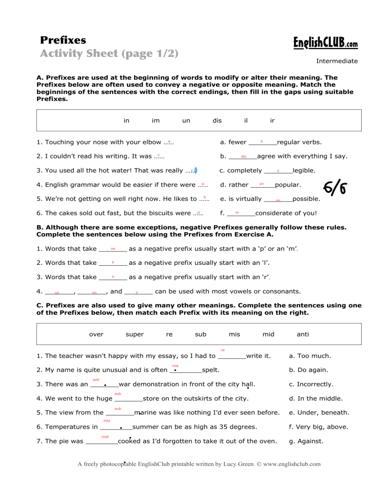 English Prefixes Activity Sheet - Intermediate Level