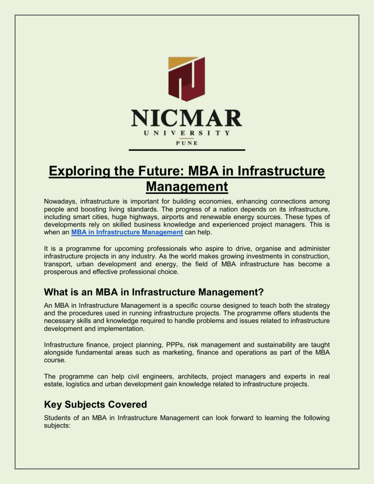 MBA in Infrastructure Management: Scope, Skills, Careers