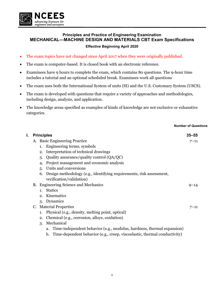 PE Mechanical Exam Specs: Machine Design & Materials CBT