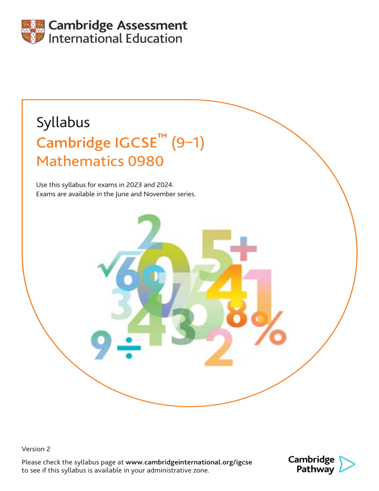 Cambridge IGCSE Mathematics 0980 Syllabus (2023-2024)