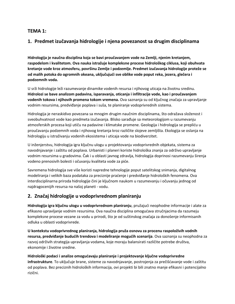 Hidrologija: Ciklus Vode, Bilans i Upravljanje