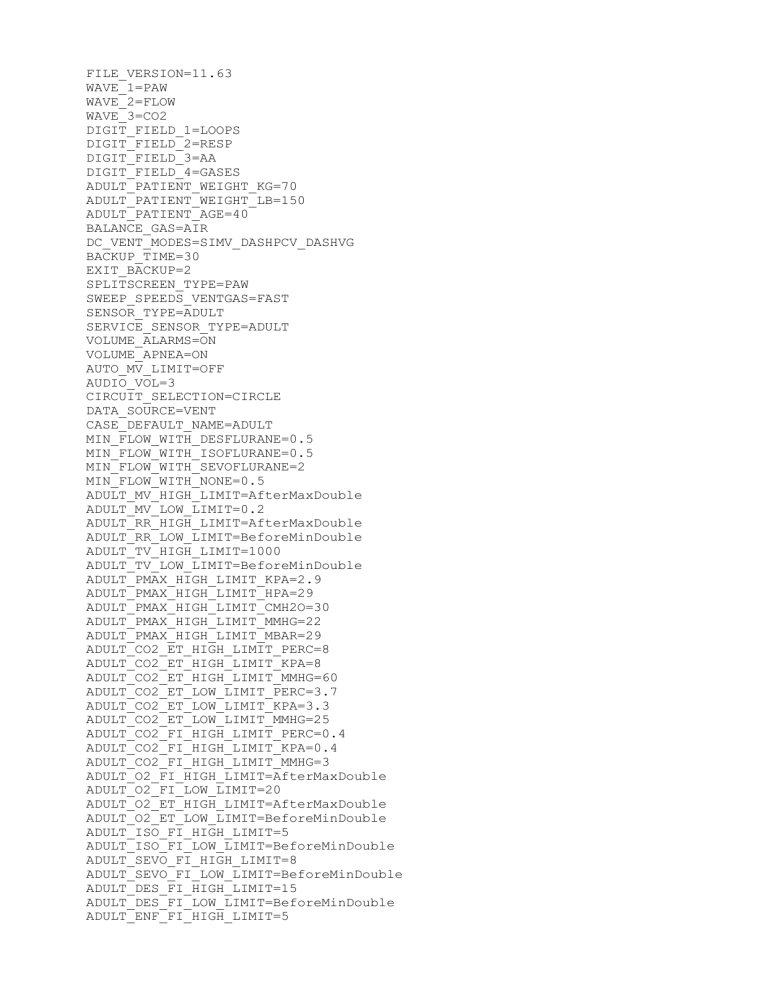 Ventilator Configuration File - Adult Settings