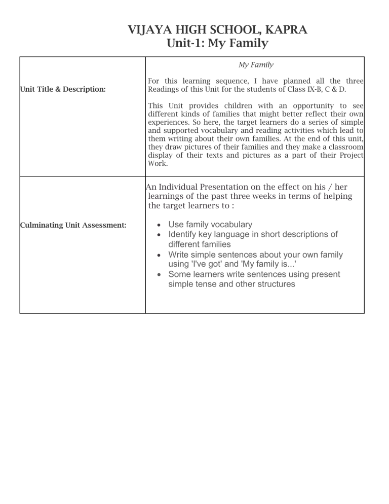 My Family: Lesson Plans for Class IX