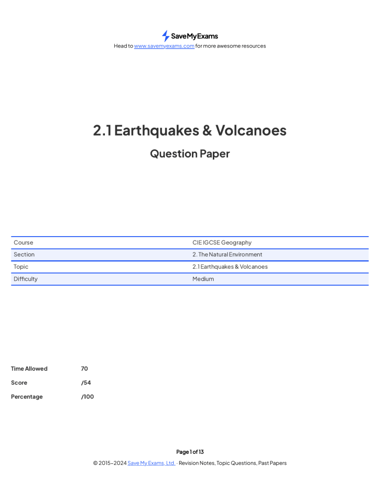 Earthquakes & Volcanoes IGCSE Geography Question Paper