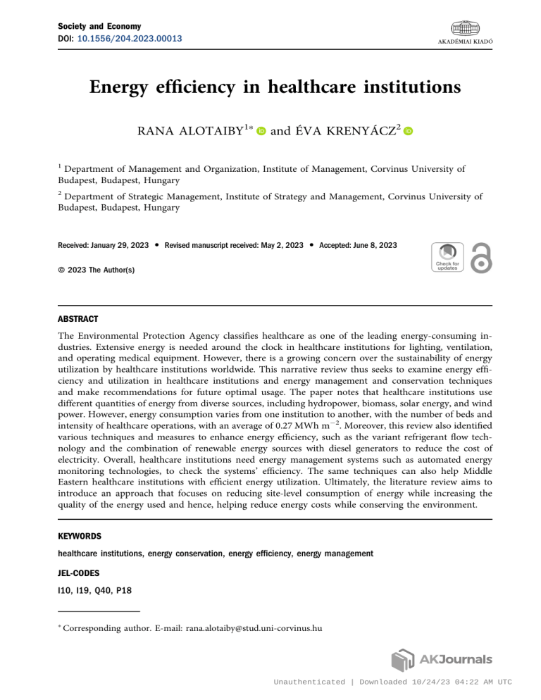 Energy Efficiency in Healthcare Institutions: A Review