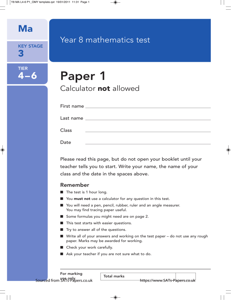 Year 8 Maths Test Paper (Tier 4-6) - No Calculator