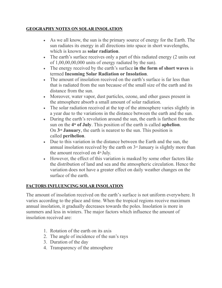 Solar Insolation: Geography Notes