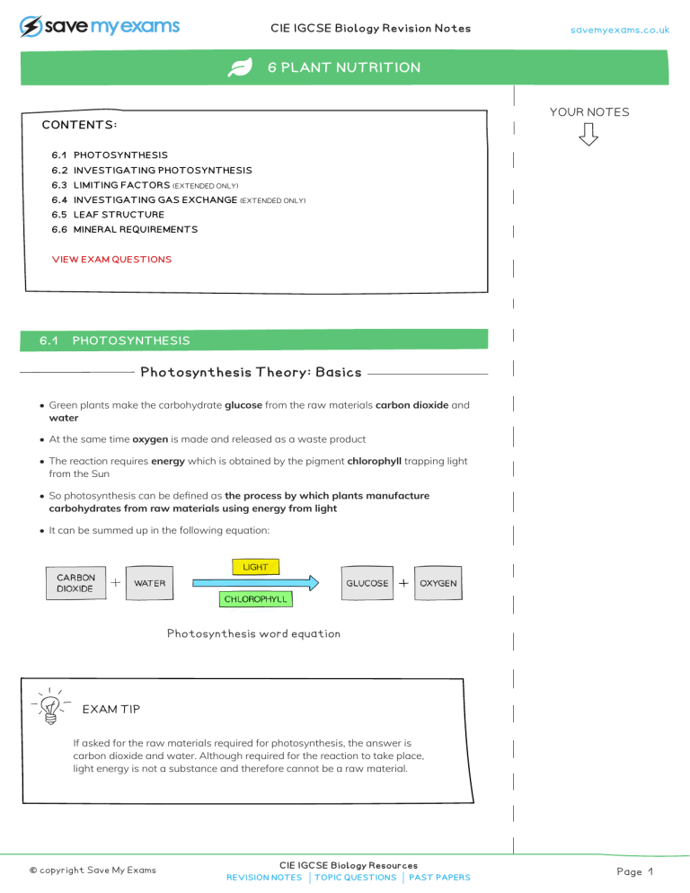 IGCSE Biology: Plant Nutrition & Photosynthesis Revision Notes