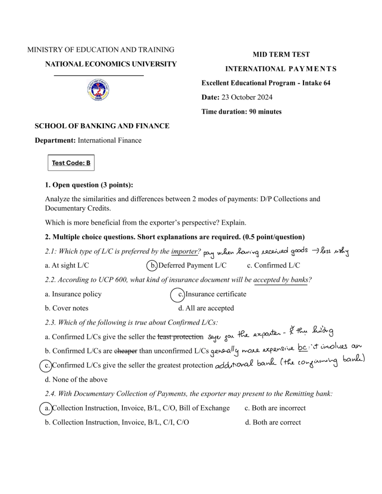 International Payments Mid-Term Test